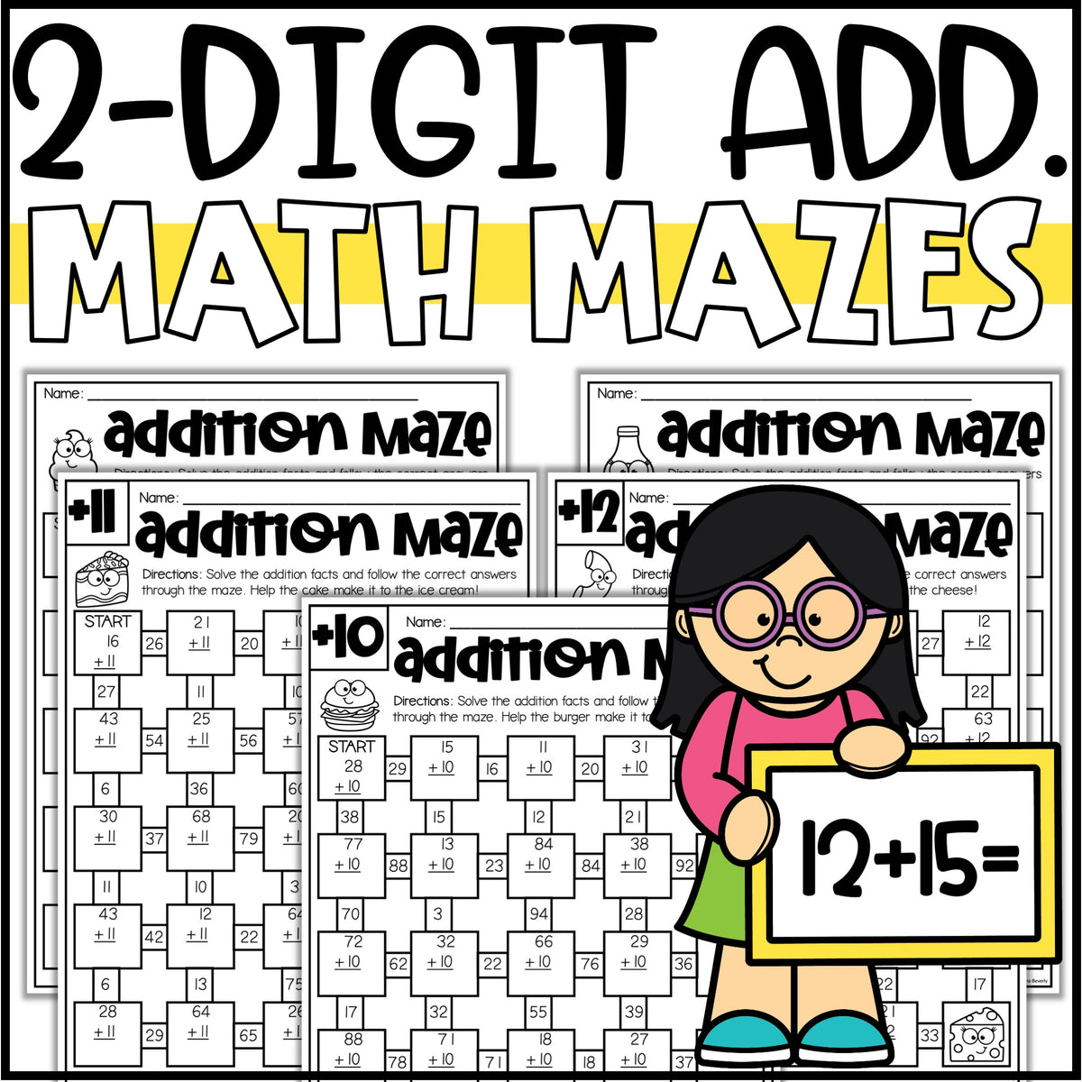 2-Digit Addition Fluency Practice | 2-Digit Addition Math Mazes ...