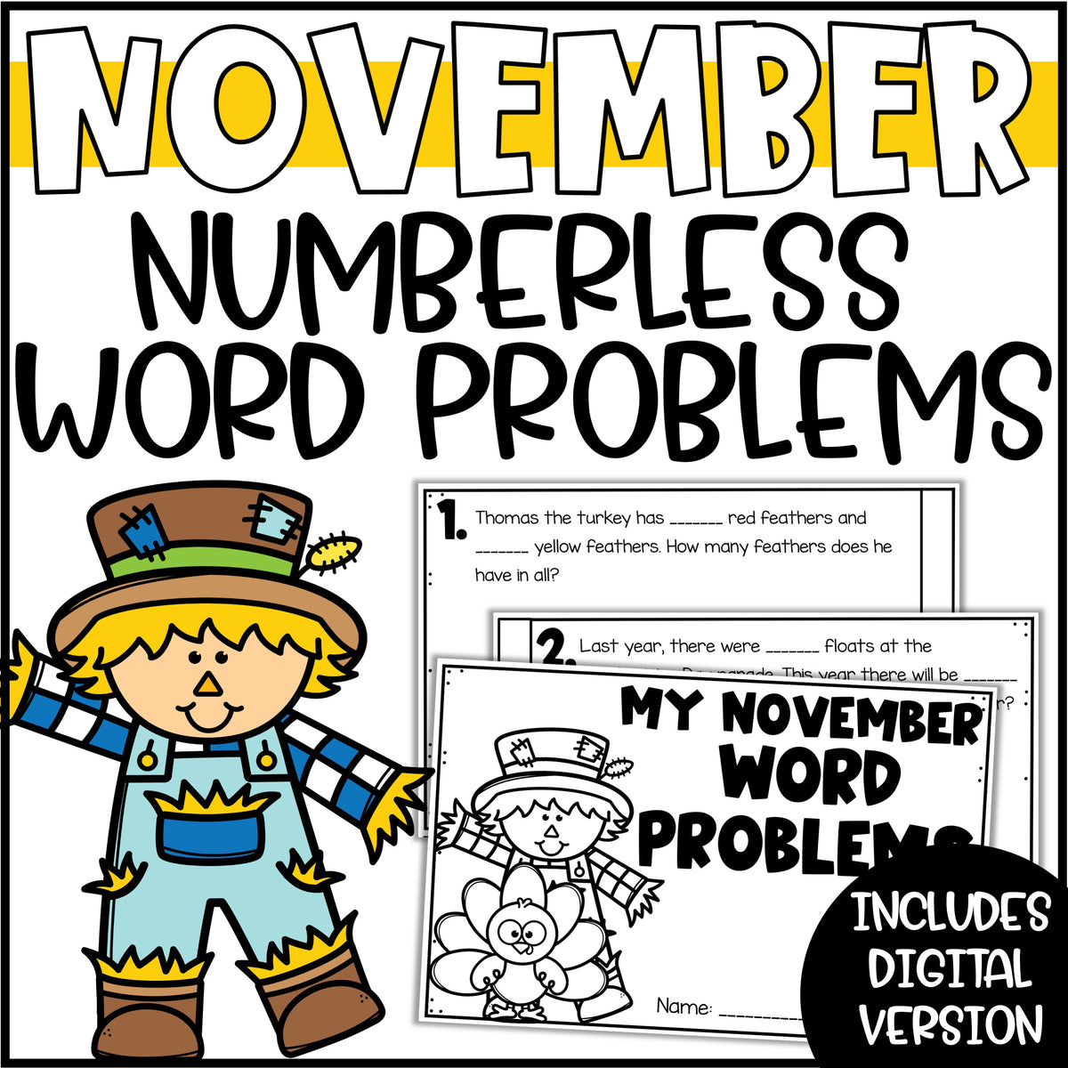 November Addition & Subtraction Differentiated Numberless Word Problem ...