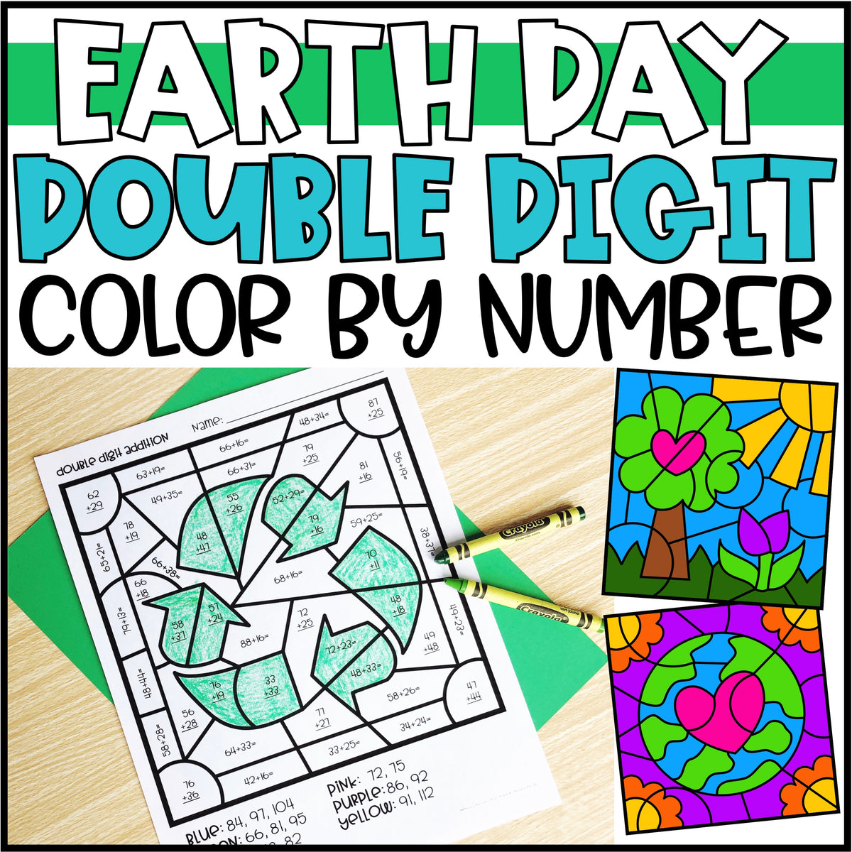 Earth Day Math Color by Code Pictures Double Digit Addition & Subtract ...