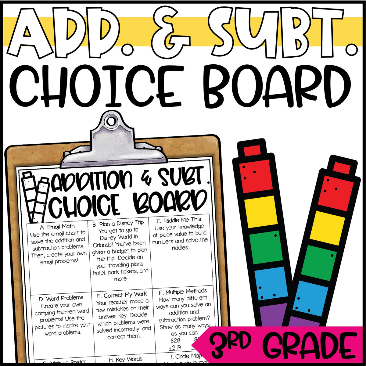 Addition & Subtraction Choice Board for 3rd Grade – Teaching with ...