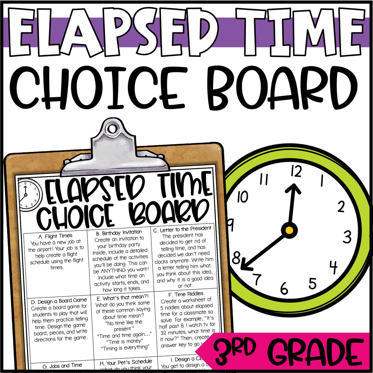 Elapsed Time Choice Board for 3rd Grade – Teaching with Briana Beverly