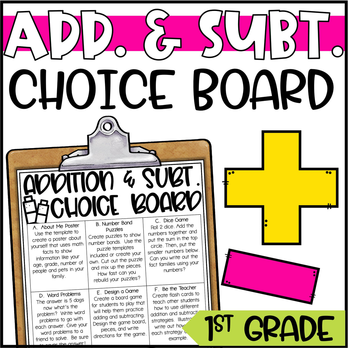 Addition and Subtraction Choice Board for 1st Grade – Teaching with ...