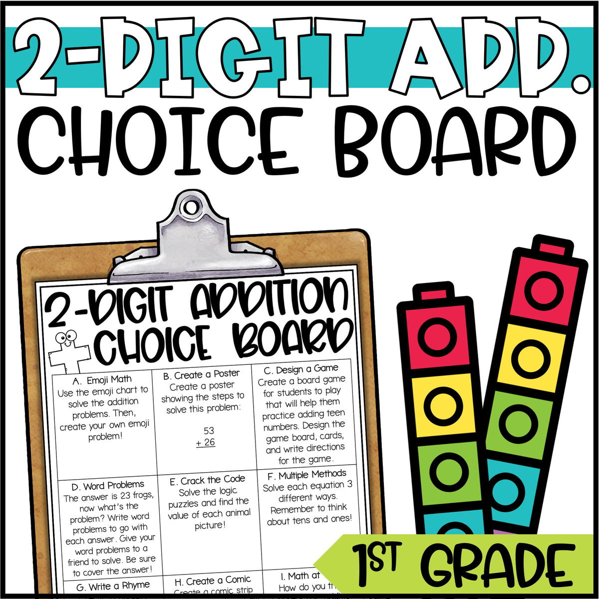 Double Digit Addition Choice Board for 1st Grade – Teaching with Briana ...