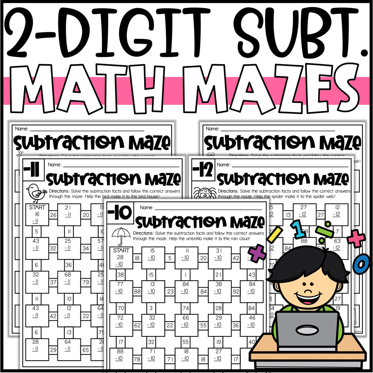 2-Digit Subtraction Fluency Practice | 2-Digit Subtraction Math Mazes ...