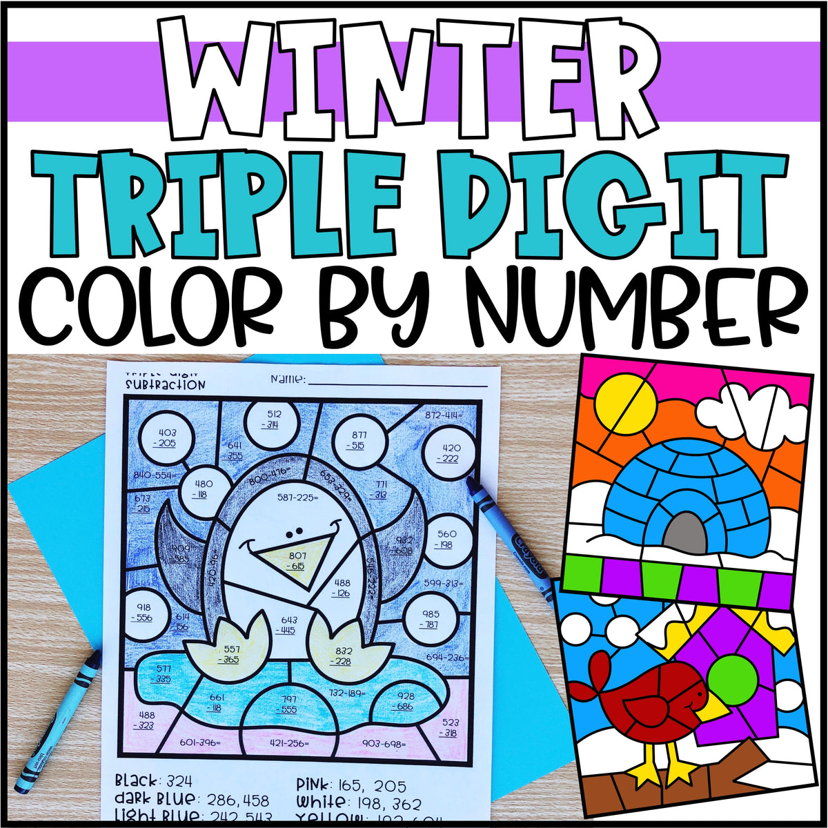 Winter Math Color by Code Pictures Triple Digit Addition & Subtraction ...