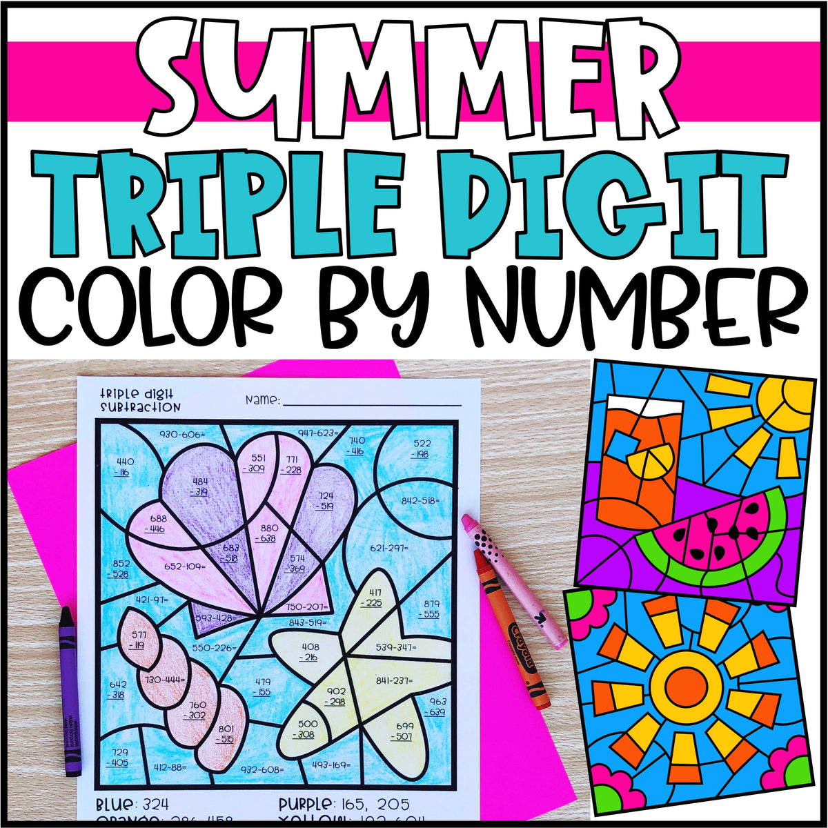 Summer Math Color by Code Pictures Triple Digit Addition & Subtraction ...