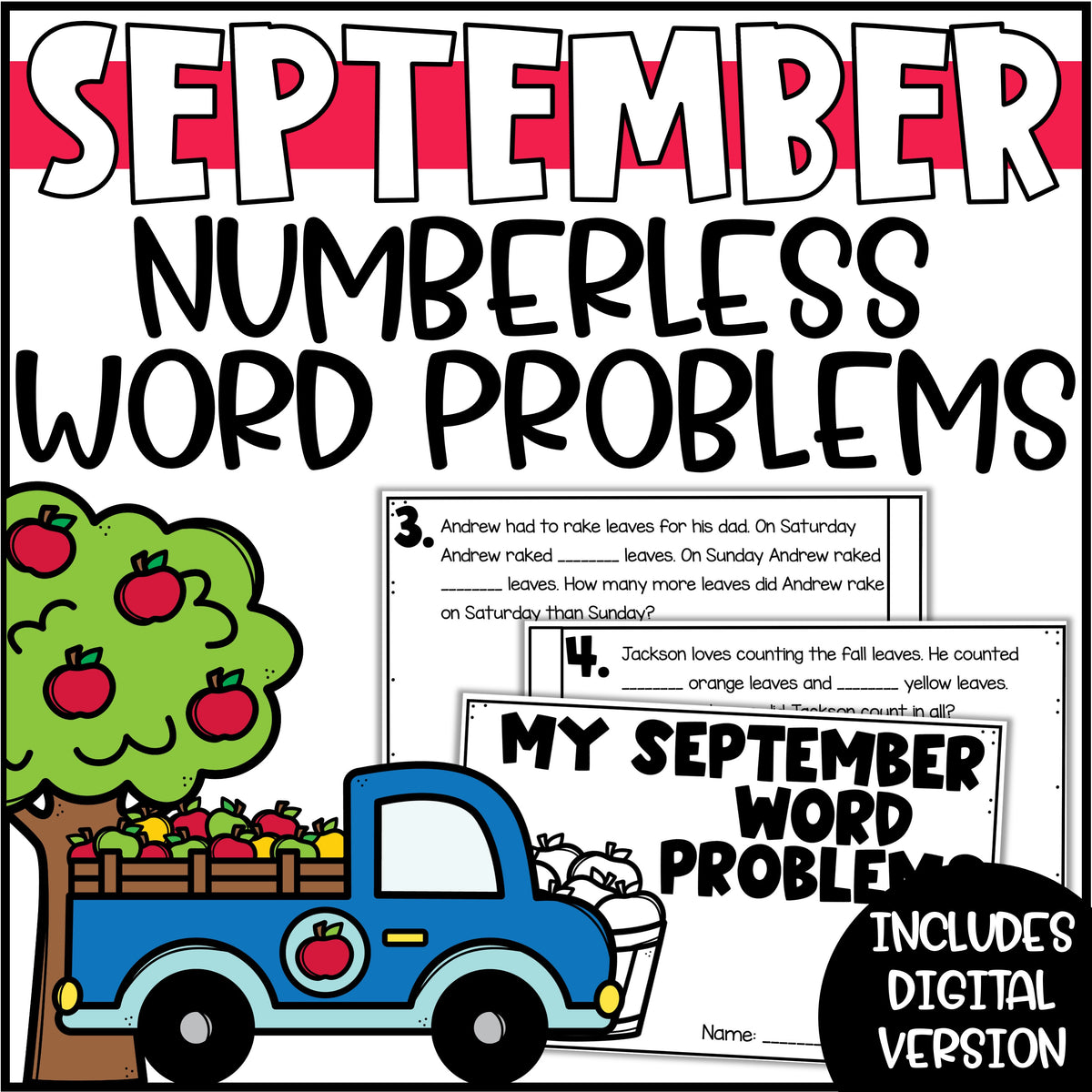 September Addition & Subtraction Differentiated Numberless Word Proble ...